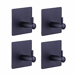 kimzcn Matte Black Adhesive Hooks Heavy Duty Wall Hooks Waterproof Stainless Steel Hooks, Towel Robe Hook Rack Wall Mount - Bathroom and Bedroom 4-Packs