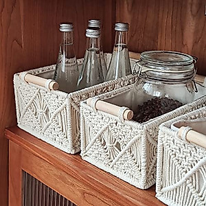 ANMINY 5PCS Macrame Storage Baskets Set Handmade Woven Cotton Rope Storage Bins Decor Boho Nursery Boxes with Wood Handles Removable Washable Linen Liner Countertop Toilet Tank Shelf Cabinet Organizer