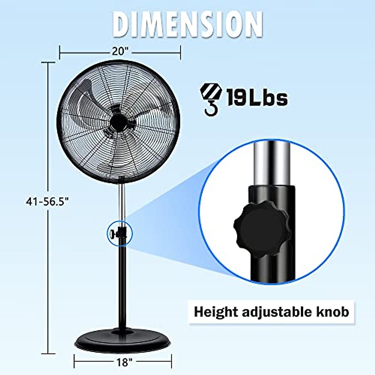 Bestronair 20 Inch Pedestal Standing Oscillating Fan,Adjustable Height Heavy Duty Industrial Metal Floor Fan with 3 Speed,Use for Workshop, Garage, Commercial, Rooms.