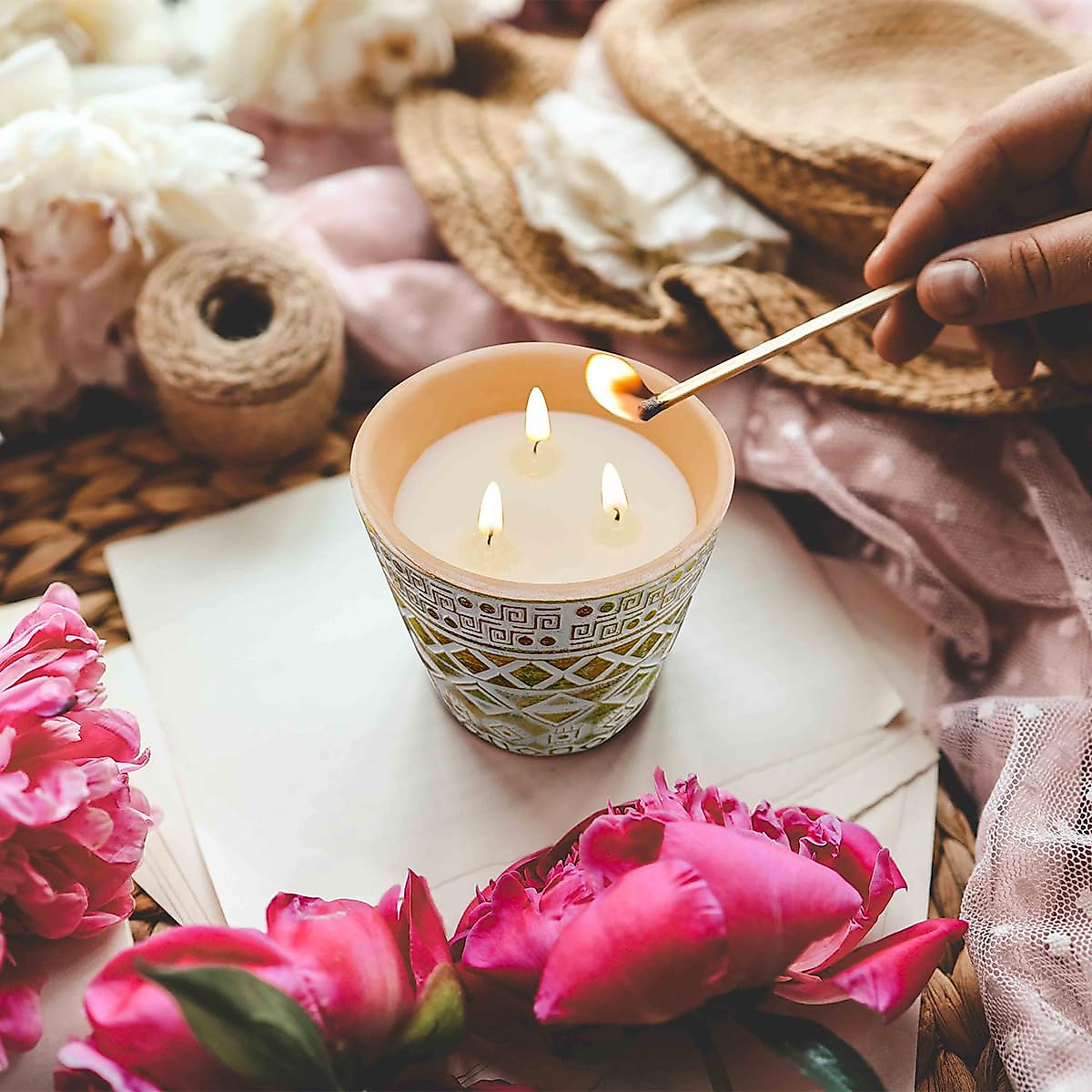 Citronella Candle, 20 oz - Coarse Ceramic 3 Wick Large Candle Outdoor Indoor Citronella Scented Candle, Made with a Blend of Natural citronella Oil and Soy Wax