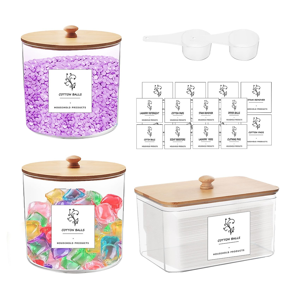 Laundry Storage Containers, 3 Pack Dryer Sheet Holder, Large Capacity Plastic Laundry Pods Container and Storage Jars with Lids, Labels and Spoons, Laundry Detergent Dispenser for Powder Beads