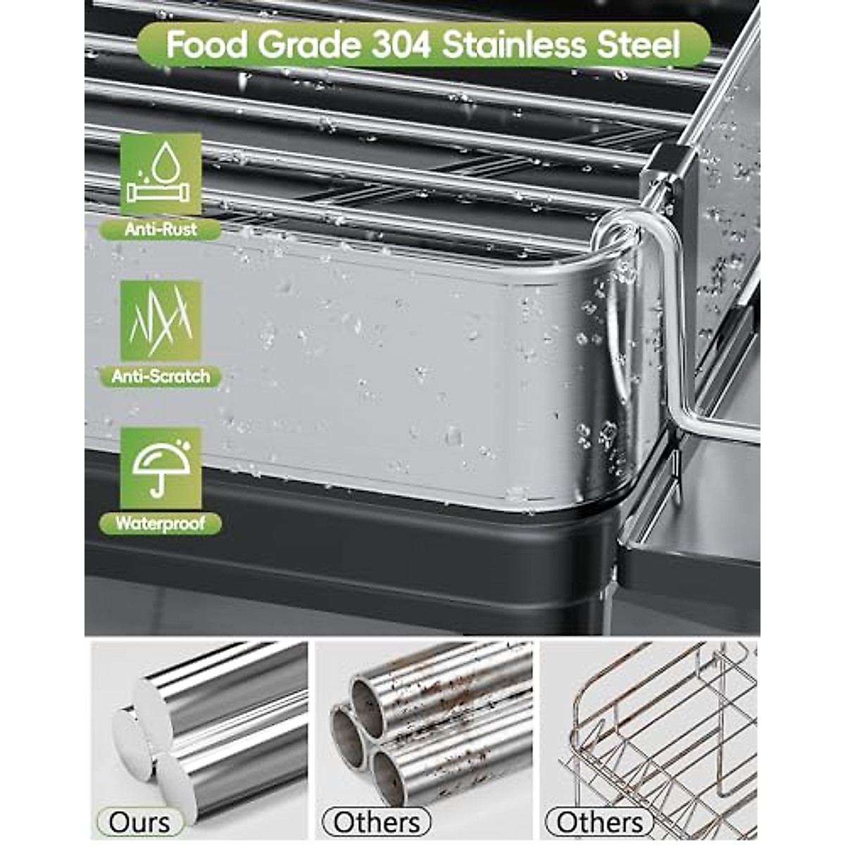 LIONONLY Dish Drying Rack, Thicker Premium 304 Stainless Steel Dish Racks for Kitchen Counter, Drainer & Drainboard Set with Adjustable Spout, Utensil Holder and Cup Holder, Black