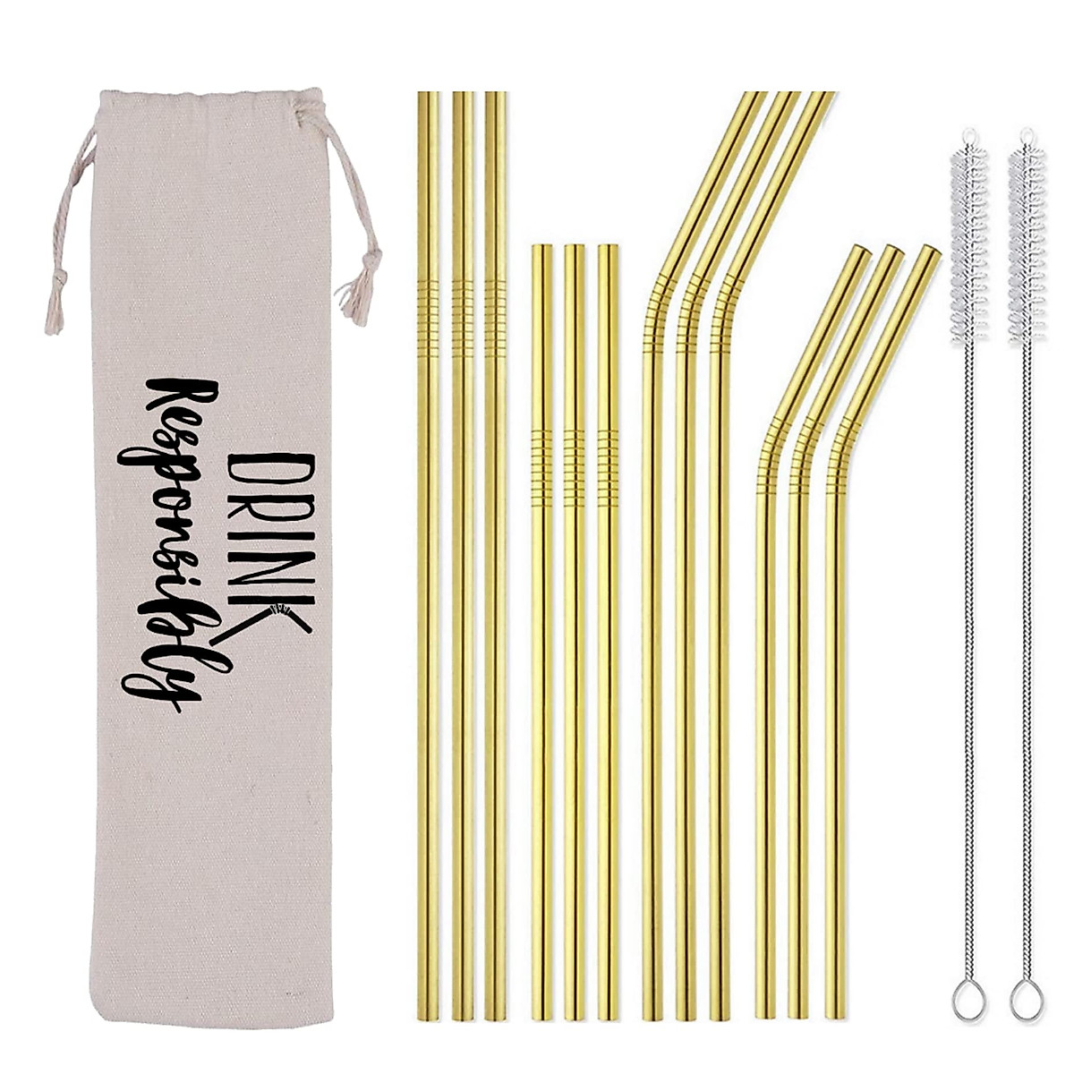 Zam Imports 12-Pack Gold Silver Stainless Steel Straws Reusable Metal Drinking Straws for Yeti Tumblers Dishwasher Safe, 2 Brushes and case Included, One Size, 13-RS-ZI