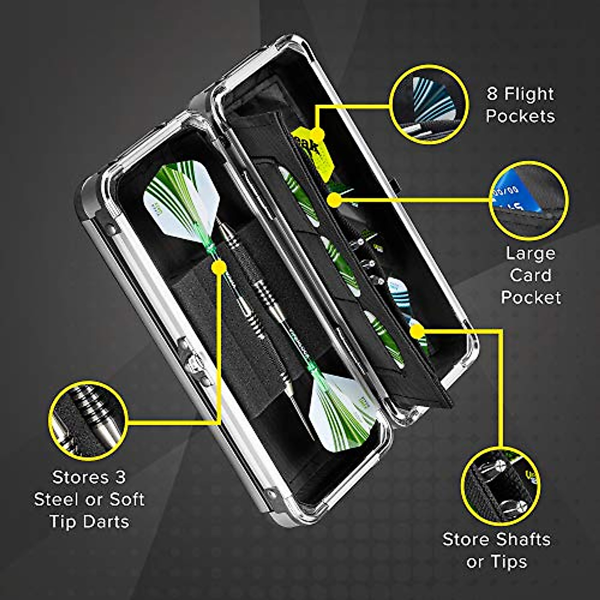 Casemaster Sole Aluminum Slim Profile Dart Case Holds 3 Steel Tip and Soft Tip Darts with Enough Space to Keep Flights in Shape, Features Built-In Pockets for Other Accessories,Black