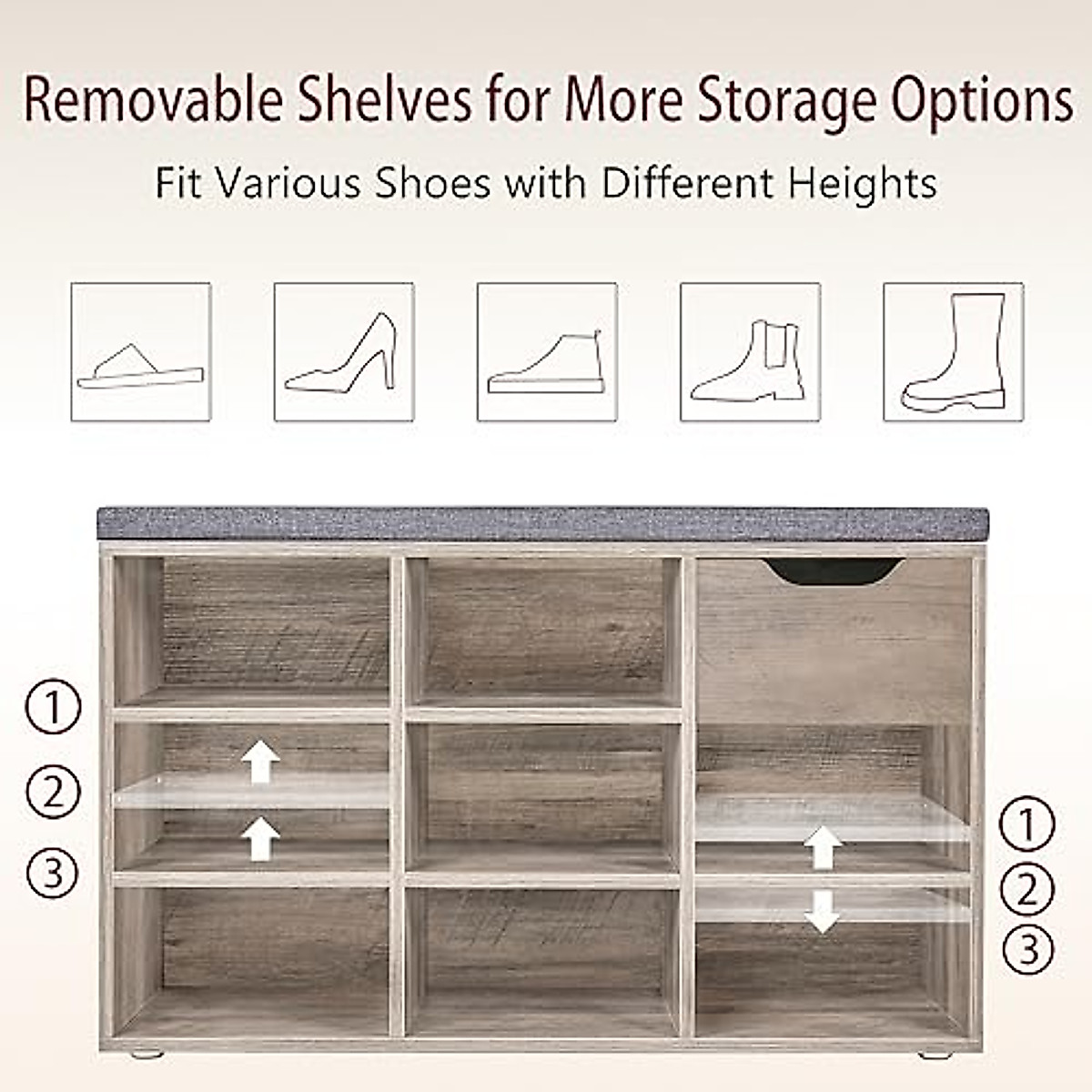 DINZI LVJ Shoe Bench,Entryway Storage Bench with Drawer and 8 Cubbies,Cubby Rack Adjustable Shelves,Shoe Organizer Cabinet for Living Room,Bedroom,Mudroom,Closet Garage,Greige (M04XD01XY01-1)