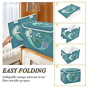 DIGTIA Summer Mermaid Turtle Storage Bins with Lids Large Pearl Sea Ocean Green Storage Basket with Handles Foldable Fabric Storage Box Organizer for Clothes Toys Closet Cabinet Home Office Bedroom