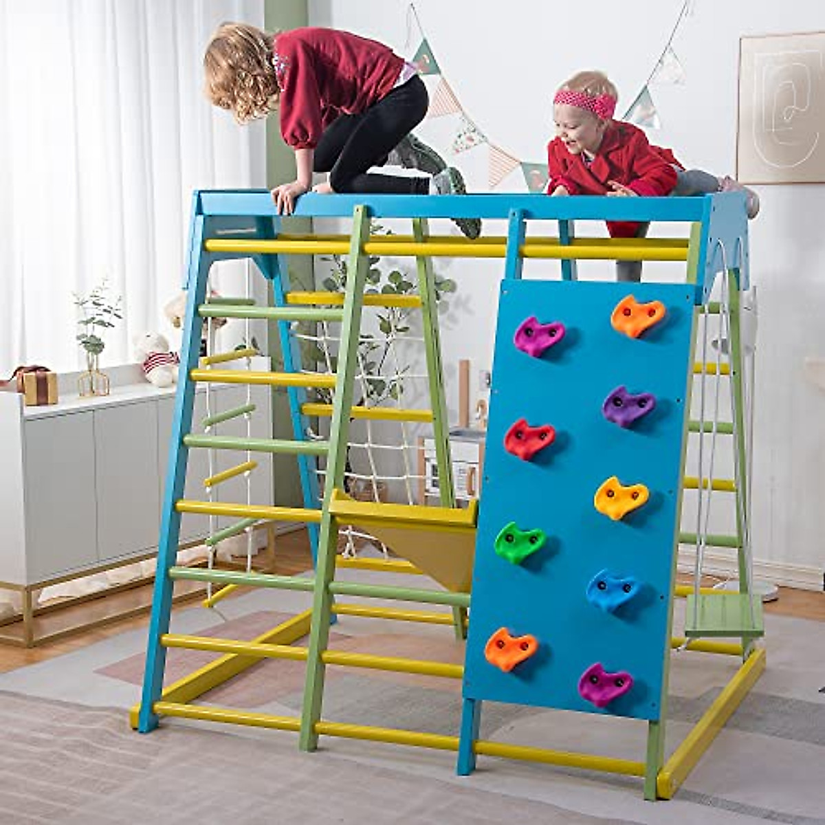 Avenlur Magnolia Indoor Playground 6-in-1 Jungle Gym Montessori Waldorf Style Wooden Climber Playset Slide, Rock Climbing Wall, Rope Wall Climber, Monkey Bars, Swing for Toddlers, Children Kids 2-6yrs