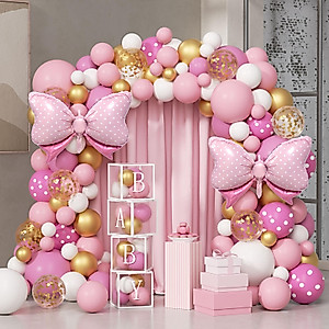 MeiWuKaBH Pink Mouse Balloon Garland Arch Kit for Cartoon Mouse Theme Birthday Party Decorations Girl Kids, Pink White Red Bow Foil Balloons for Mouse Baby Shower Party Decorations