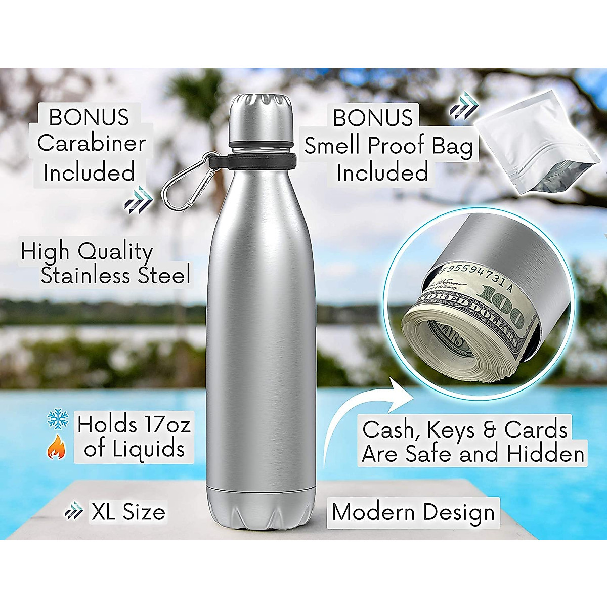 Diversion Safe Water Bottle Can Hidden Bottom for Valuables 17ounce Liquid Capacity and Dry Storage Compartment Stainless Steel Vacuum Insulated Leak Proof Smell Proof Bag Included (Light Blue)