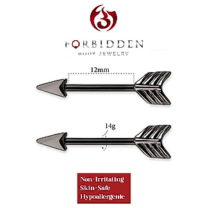 Forbidden Body Jewelry Pair of 14g 12mm Black IP Plated Surgical Steel Arrow Nipple Piercing Barbells