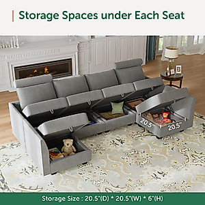 HONBAY Modular Sectional Sofa U-Shaped Sectional Couch with Storage Seats, Convertible Sectional Couch Modular Sofa, Grey