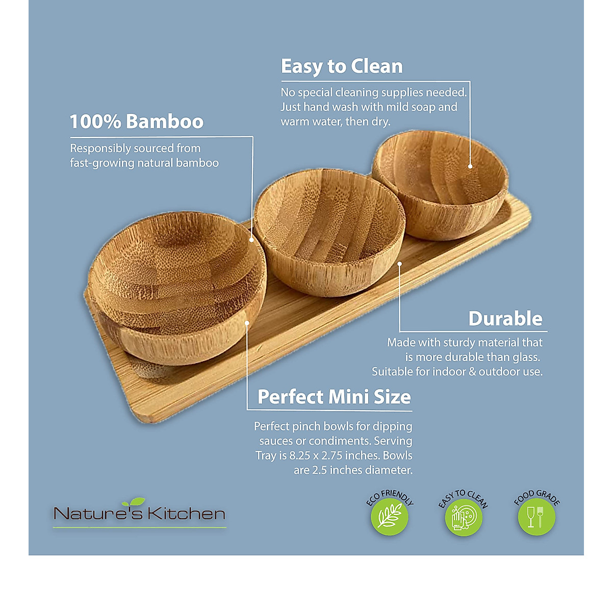 Nature's Kitchen Small Bamboo Pinch Bowls Dip Bowls Condiment Cups - Mini Wood Bowls for Salt Cellar, Spices, Dipping Sauce, Soy Sauce Dish, Nuts, Candy, Appetizers