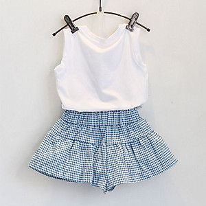 Verypoppa Baby Girls Sleeveless T Shirt + Plaids Shorts Sets Outfits , White + Blue, 4 - 5 Years