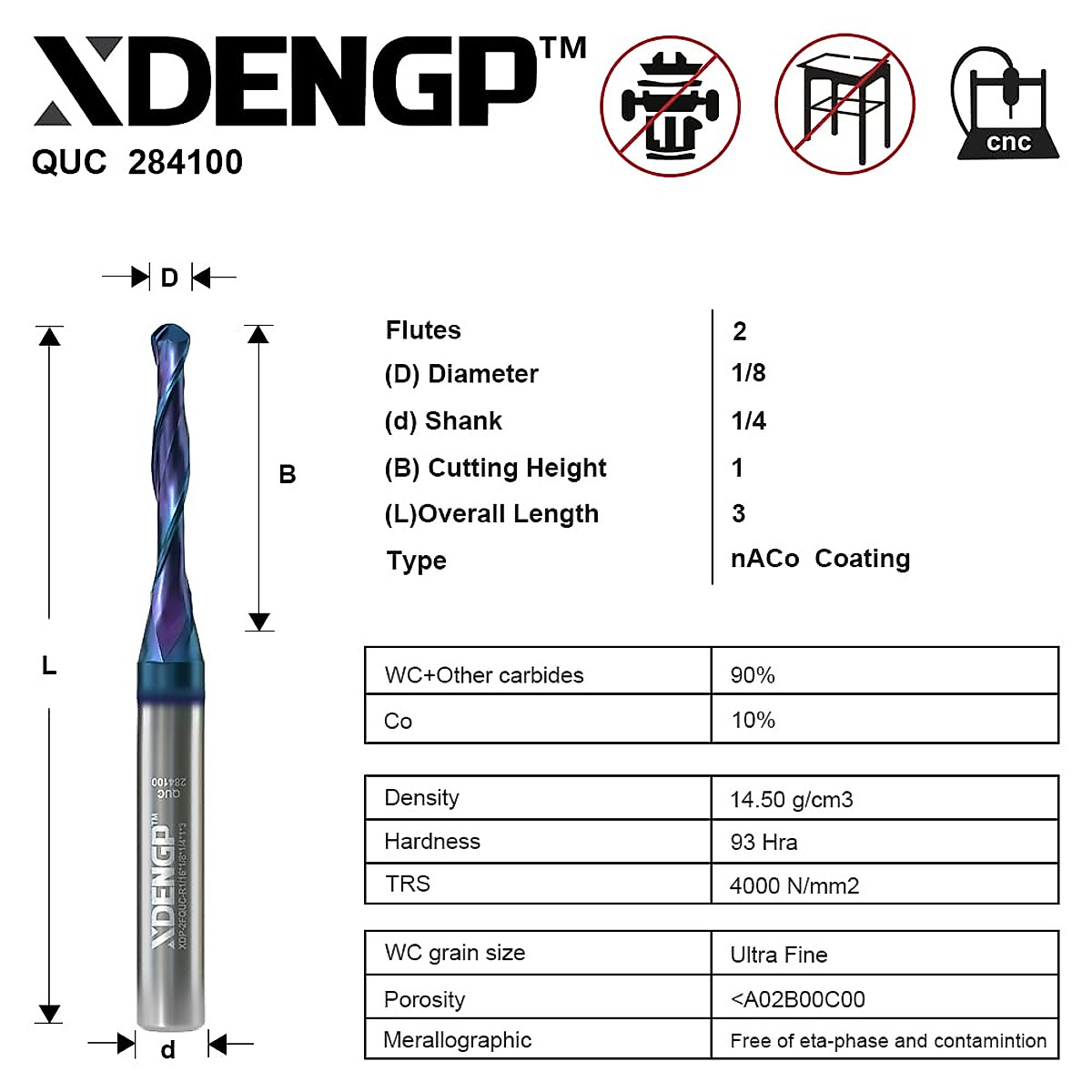 XDENGP Up Cut Ball Nose Router Bit for CNC, 1/8 inch Cutting Diameter and 1 inch Cutting Length 1/4 inch Shank with NACO Coated Carbide End Mill for Wood Side Milling End Milling, Finish Machining