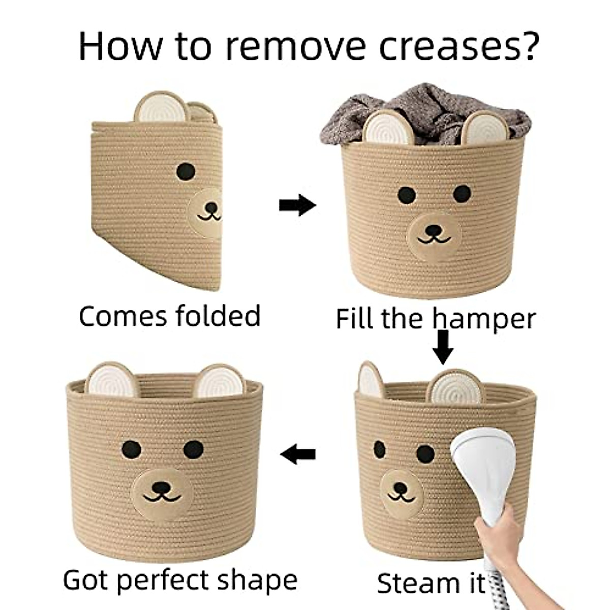 Bear Laundry Baskets Laundry Hamper Storage Basket with Handles,Decorative Basket for Living room,Woven Storage Basket for Toys Bin Pillows Blankets Clothes (Khaki)