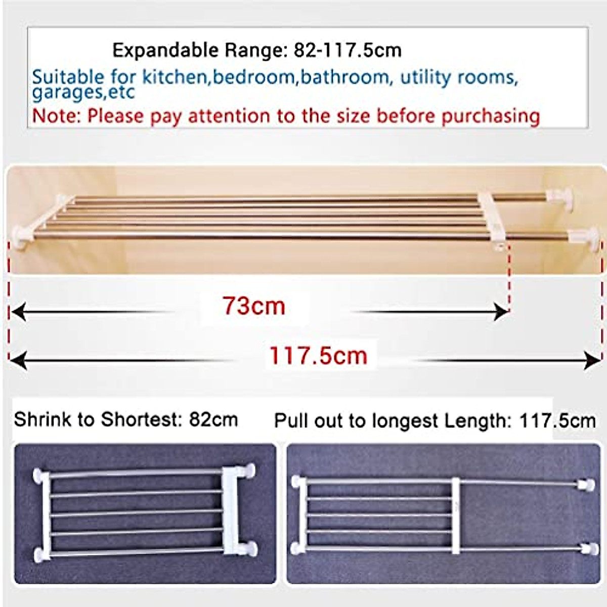 BAOYOUNI Expandable Closet Tension Shelf Rod Organizer Adjustable Storage Rack Heavy Duty Clothes Hanger Metal Space Saving Divider for Bathroom Kitchen Cupboard Wardrobe Bookshelf 32''-46'', Ivory