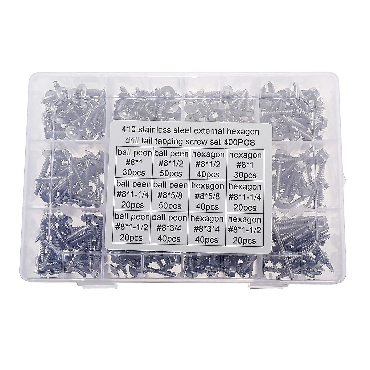 Toolly 400PCS #8 x 1/2" to 1-1/2" Self Drilling TEK Screws Assortment Kit, Hex Washer Head & Wafer Head, 410 Stainless Steel Self Tapping Sheet Metal Screws for Metal, Wood, Plastics