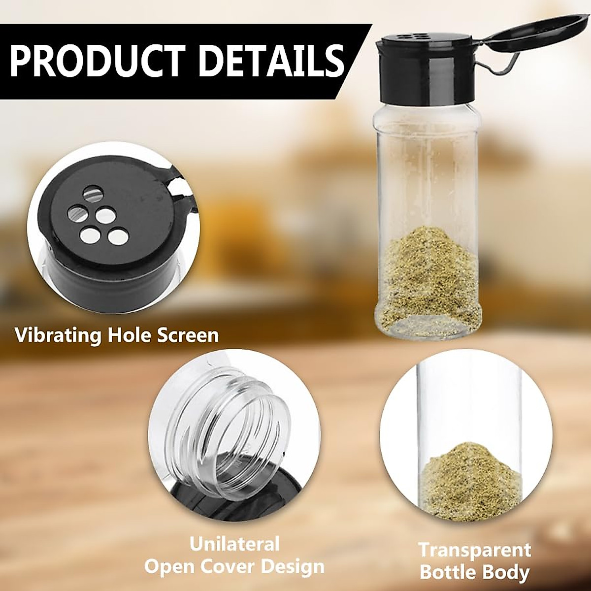 Voittozege 50 Pcs Spice Jars with Shaker Lids 3.3 oz/100 ml Plastic Spice Bottles Spice Containers Jars Seasoning Shaker for Storing Spice, Herbs and Seasoning Powders (Black Lid)