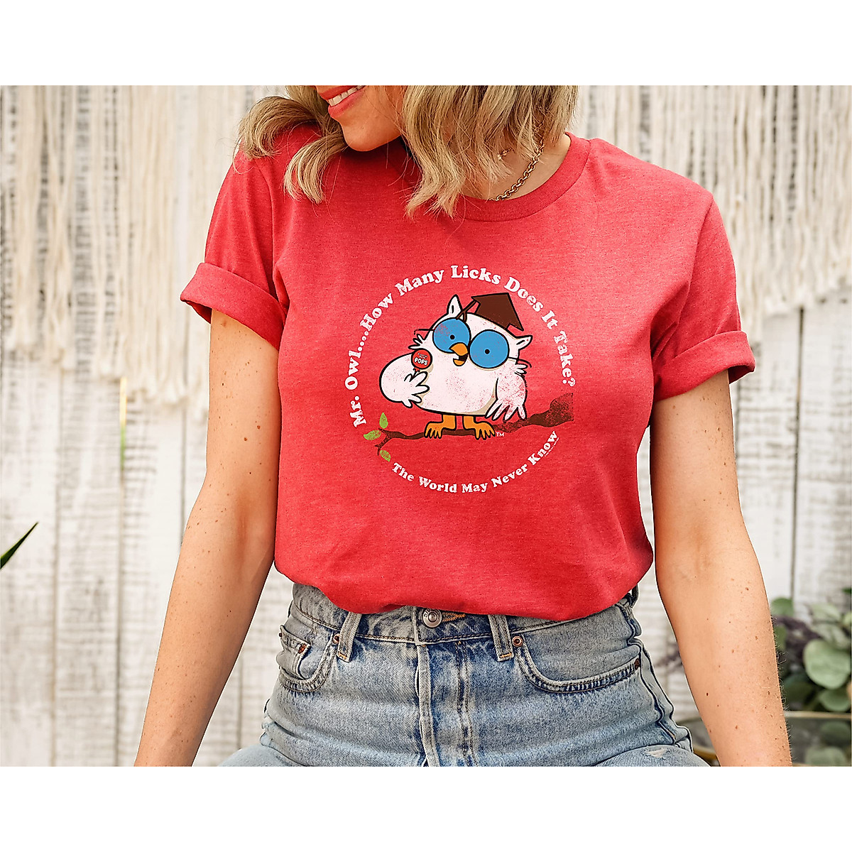 New Tootsie Pop® Mr. Owl Unisex Tee | Iconic Mr. Owl | Tootsie Shirt | Vintage Candy Shirt, Unisex, Medium Heather Red