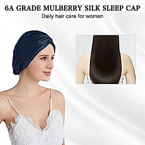 SOBONNY Silk Bonnet for Sleeping 100% Mulberry Silk Sleep Cap for Women Hair Care Night Cap Fixed by The Elastic(1Pc, Navy Blue)