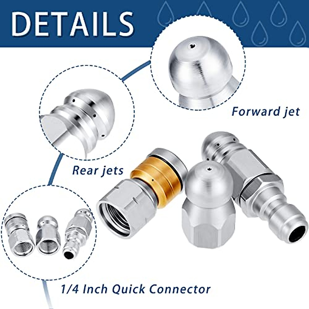 3 Pieces Sewer Jetter Nozzle Rotating Button Nose Sewer Jetting Nozzle Stainless Steel Fixed Sewer Nozzle with Different Models for 1/4 Inch Pressure Washer Quick Connector Pressure up to 5000 PSI