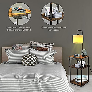 Hitish Floor Lamp with Table, Rustic End Table Lamp with USB Charging Port, Power Outlet & Shelves, Side Table Reading Light with Adjustable Color Temperatures & Brightness for Bedroom, Living Room