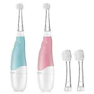 Papablic BabyHandy 2-Stage Sonic Electric Toothbrush for Babies and Toddlers Ages 0-3 Years, Blue Bundle with Pink