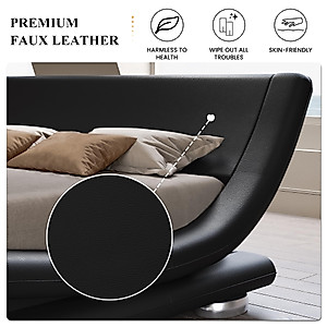 SHA CERLIN King Size Upholstered Bed Frame, Deluxe Low Profile Sleigh Bed with Faux Leather Ergonomics Headboard, No Box Spring Needed & Easy Assembly, Black