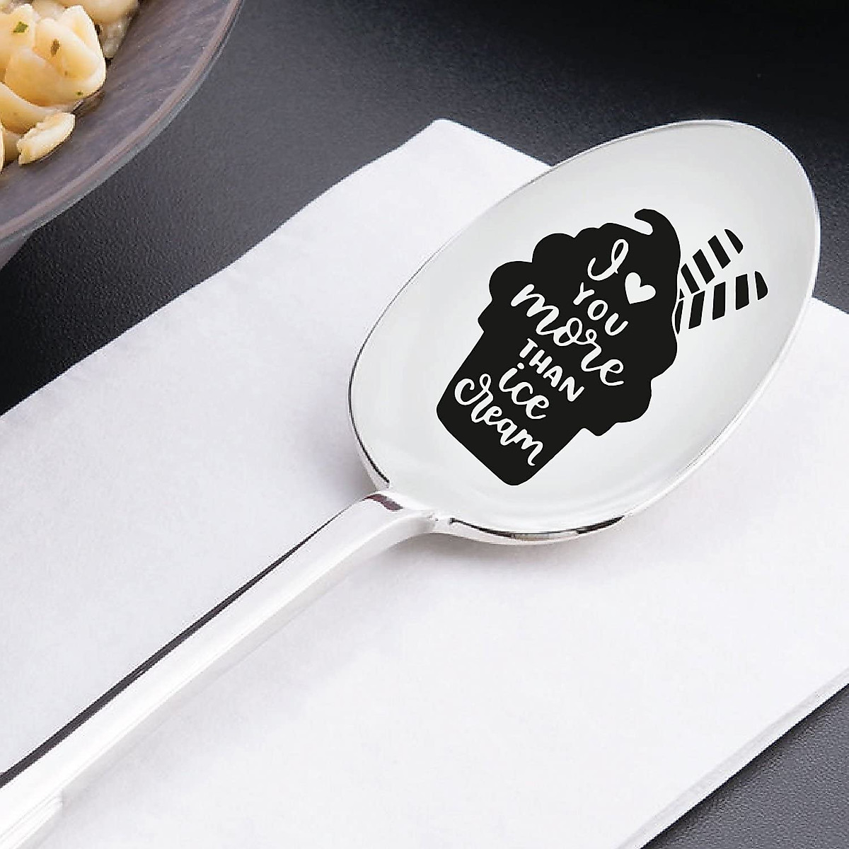 TyM I love you more than icecream Engraved Stainless Steel spoon for coffee tea cereal ice cream - Engraved gift for him/her - 7 inch Sturdy handle and food safe engraving