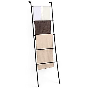 Towel Blanket Ladder Leaning Black Metal Blanket Holder 5 Tier Industrial Ladder Rack for Bathroom Living Room Laundry Room (Matte Black)