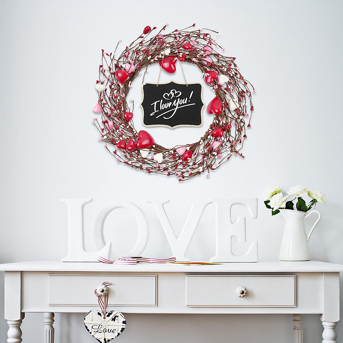 Mothers Day Decorations - 18'' Front Door Wreath, Heart Shaped Wreath Red Pip Berry Rustic Twig Wooden Sign Anniversary Wedding Home Office Wall Decorations (Red)