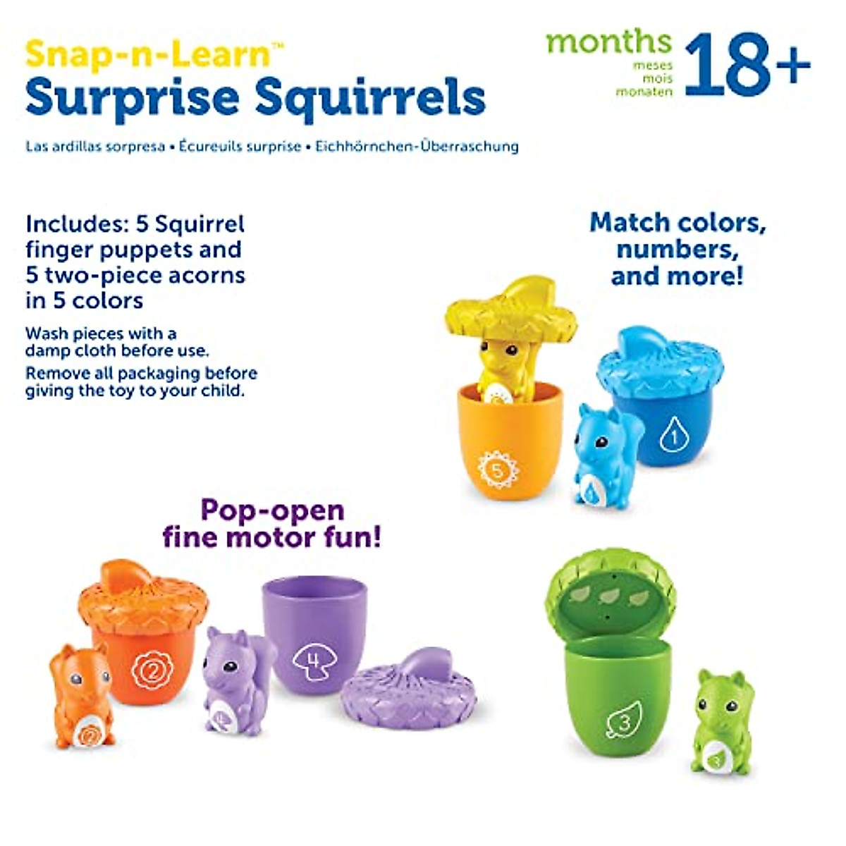Learning Resources Snap-n-Learn Surprise Squirrels, 15 Pieces, Ages 18 Months+, Fine Motor Skills Toys, Colors and Numbers Recognition, Learning & Education Toys, Baby and Toddler Toys