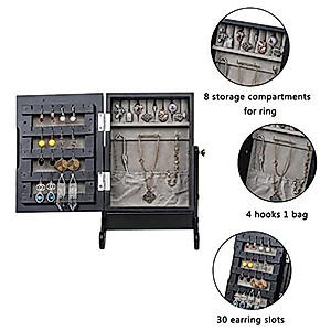 Small Mirror Jewelry Cabinet Organizer Armoire, Black