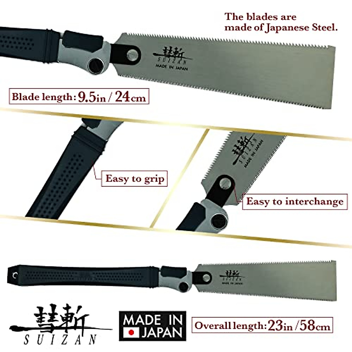 SUIZAN Japanese Folding Ryoba Pull Saw 9.5 Inch Double Edge Hand Saw for Woodworking Tools Gifts