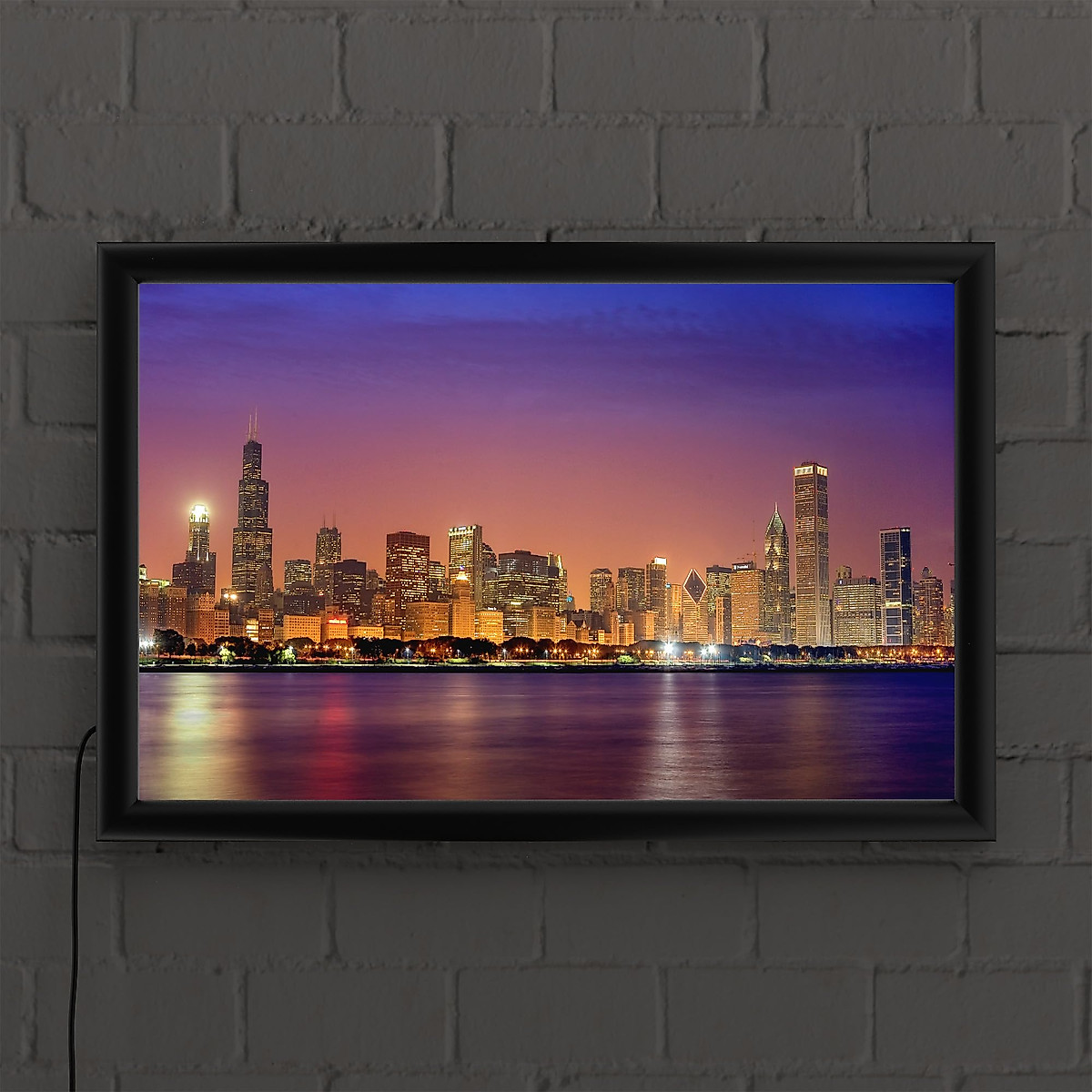 Trademark Fine Art Mike Jones Photo 'Chicago Dusk full skyline' - Backlit LED Lightbox with Metal Frame - Ready to Hang with Anti-Glare Acrylic Cover