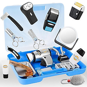 24 Pcs Barber Shop Pretend Play Toy - My First Shaving and Grooming Haircut Kit Toddler Role Play Set with Styling Accessories & Storage Box for Kids, Boys