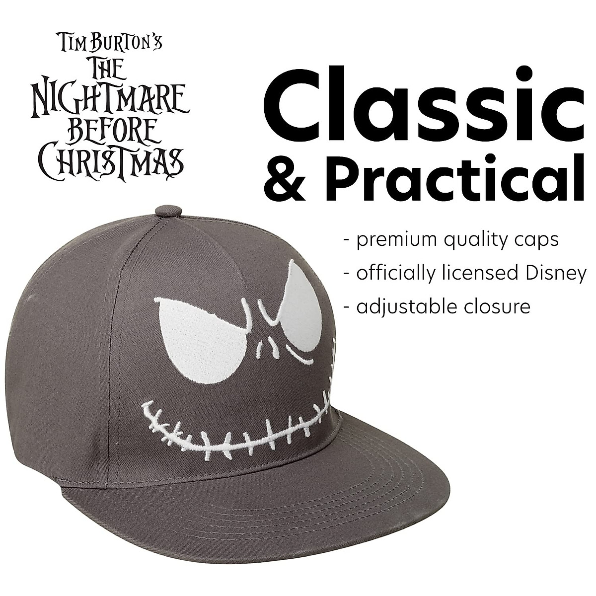 Disney Nightmare Before Christmas Baseball Cap, Snapback Hat for Men, Jack Skellington Grey
