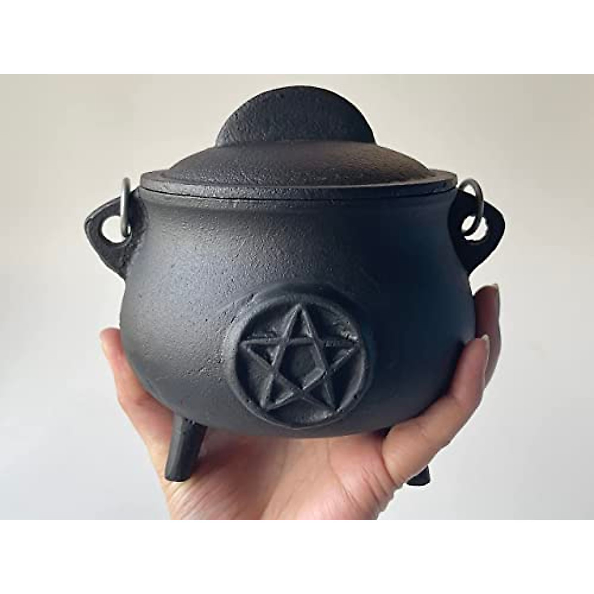 Pentagram Pentacle cast Iron Cauldron with lid and Handle, Witches Cauldron, Great for use with Charcoal Incense, Smudge Sage (Large 5.5 Inches)