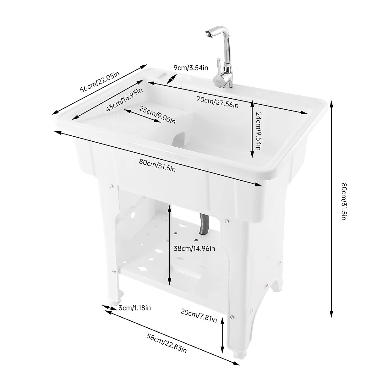 Laundry Sink,Freestanding Plastic Laundry Sink with Washboard,Utility Sink with Hot and Cold Faucet,Hoses and Drain Kit for Garage Basement Garden (25.59x21.65x31.5inch)