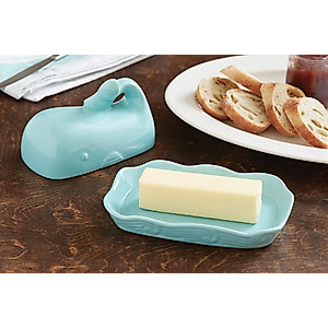 Fox Run Whale Ceramic Butter Dish with Lid, 7", Aqua Blue