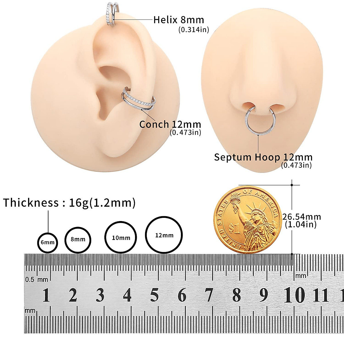 VOJO G23 Titanium 16G Cartilage Septum Hoop Piercing Jewelry Double Row Plated CZ Beads Conch Nose Rings Tragus for Women Men (12mm/0.472in, CZ Silver)