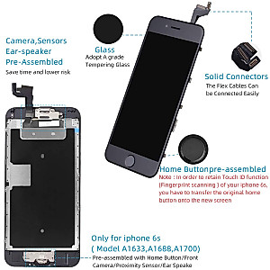 for iPhone 6S Screen Replacement Black,Drscreen LCD Touch Digitizer Complete Display for A1633, A1688, A1700,with Home Button Proximity Sensor Ear Speaker Front Camera Screen Protector and Repair Tool