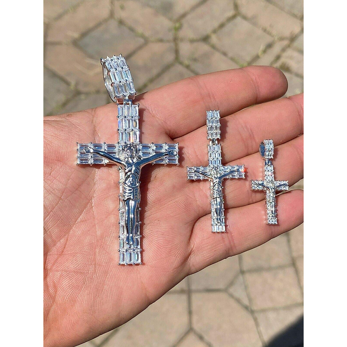 HarlemBling Real 925 Sterling Silver - Iced Baguette Cross W. Jesus Pendant - 3 Sizes Great For Any Necklace 1-2.5" (Medium 1.5")