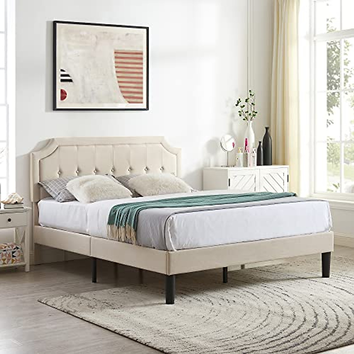 VECELO Upholstered Platform Bed Frame with Adjustable Headboard, Wooden Slats Support, No Box Spring Needed, Modern Style, Queen Size