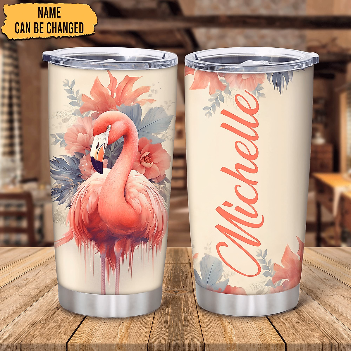 Hyturtle Personalized Gifts For Flamingo Lover - Flamingo Prints Custom Name Stainless Steel Tumbler 20oz With Lid - Idea Bird, Animal lover Gift For Women Girl On Birthday, Christmas