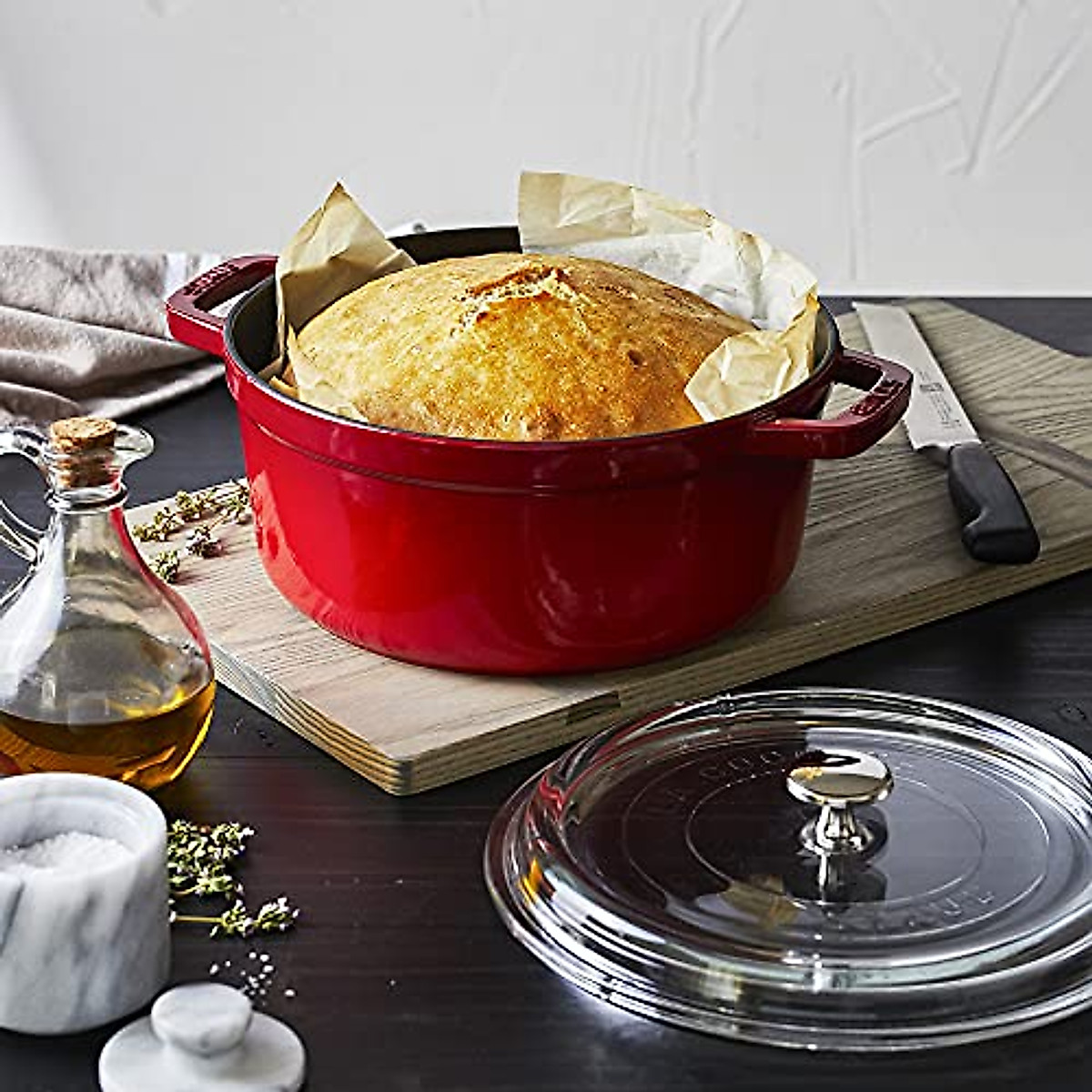 Staub Cast Iron Dutch Oven 4-qt Round Cocotte with Glass Lid, Made in France, Serves 3-4, Cherry