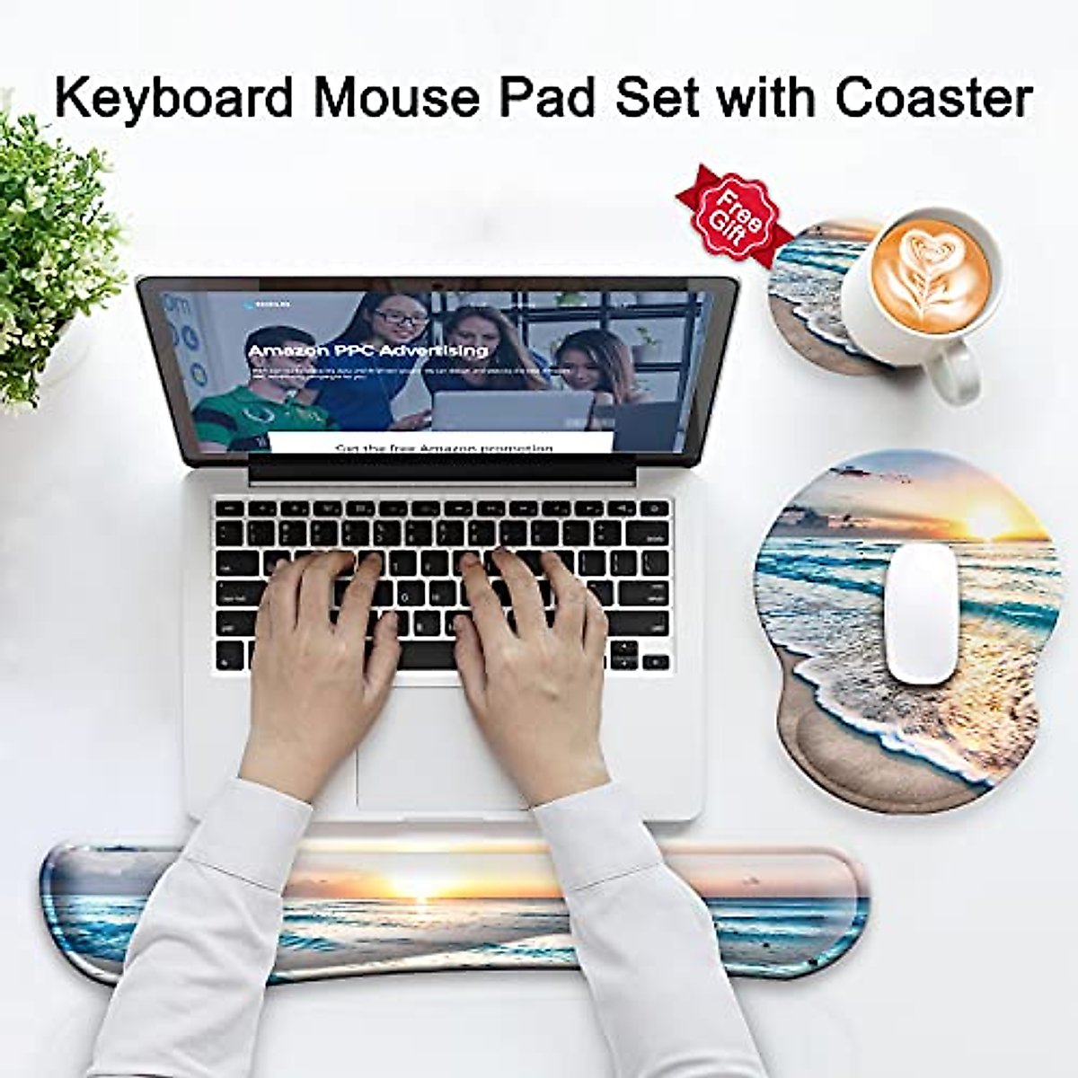 Mouse Pad and Keyboard Wrist Rest Support, with Non-Slip PU Base,Gel Mouse Pad with Coaster,Pain Relief for Gaming, Computer,Office -Beach