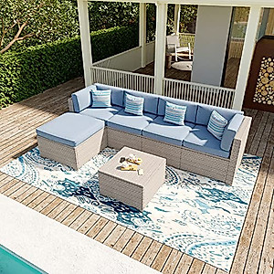 SUNBURY 6-Piece Outdoor Sectional Wicker Sofa in Blue, w 4 Pillows in Psychedelic Colors ?¡ìC Elegant Patio Furniture Chair and Table Set for Backyard Garden Pool