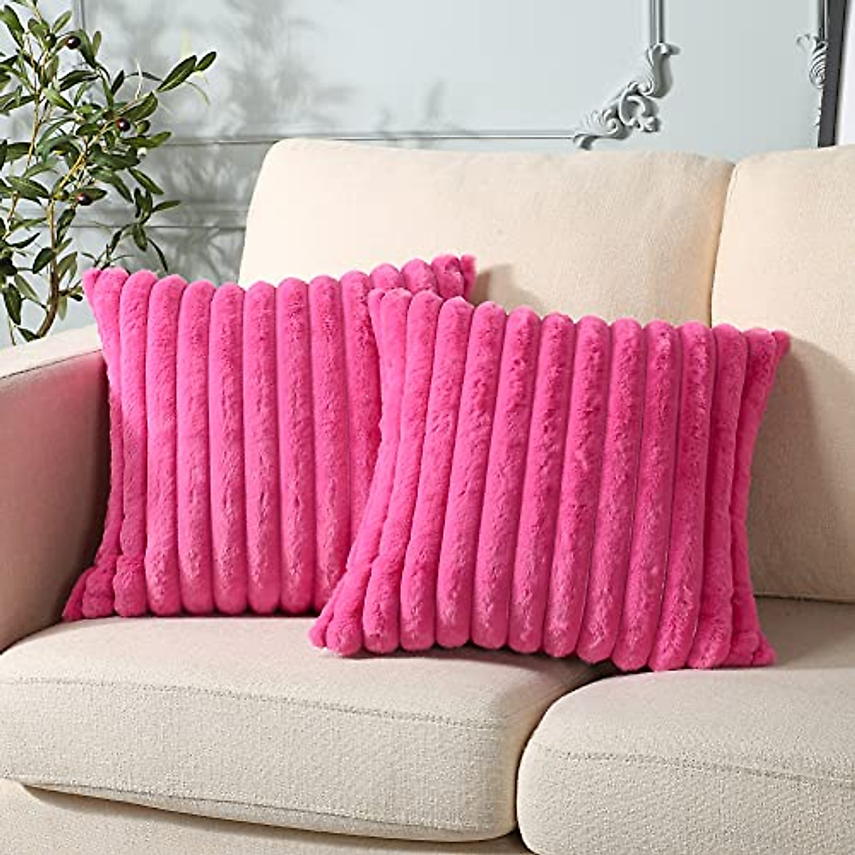 Soleebee Set of 2 Throw Pillow Covers Soft Cozy Velvet Pillowcase Faux Rabbit Fur Cover for Couch Sofa Bed Chair Home Decorative Pillows Cover (18x18 Inch, HOT Pink)