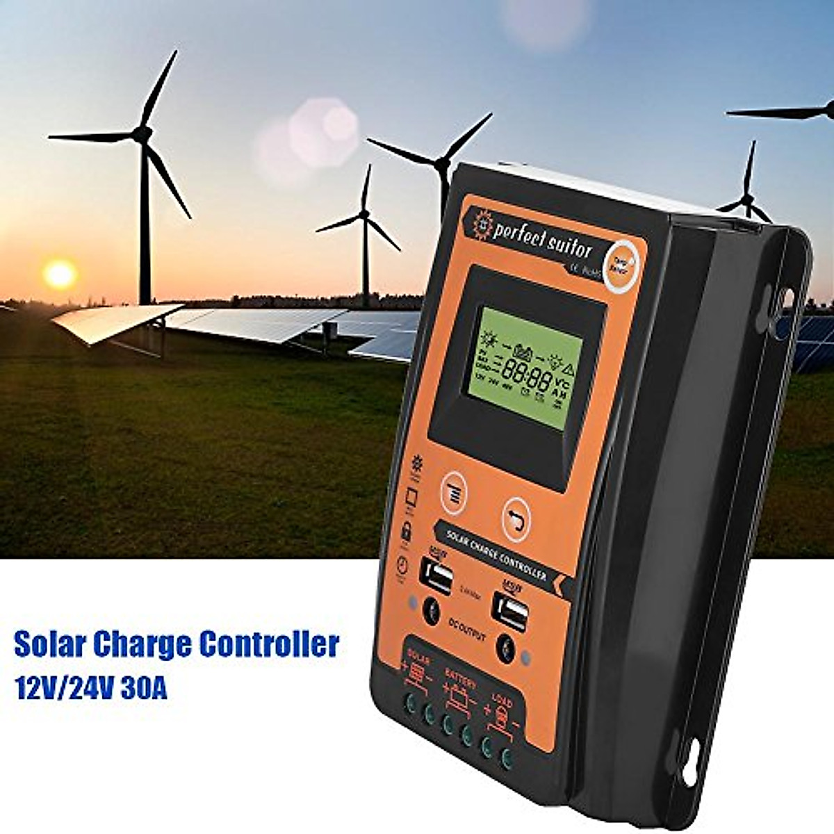 12V/24V 30A/50A/70A Intelligent Solar Panel Contrller MPPT LCD Display Solar Charge Controller Solar Battery Regulator Dual USB Port(30A)